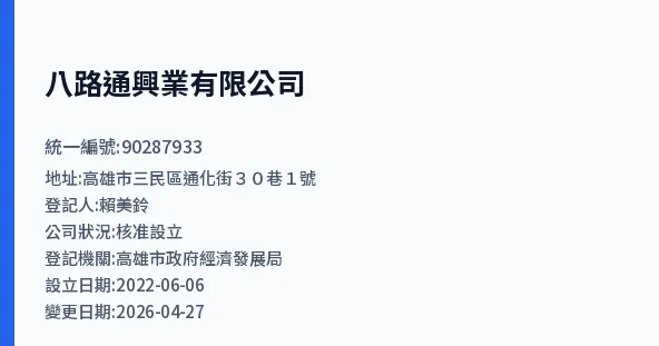 八路通興業有限公司的照片-統編 90287933(高雄市) 公司登記資料與營業項目詳細圖表