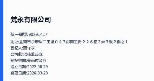梵永有限公司的照片-統編 90291417(臺南市) 公司登記資料與營業項目詳細圖表
