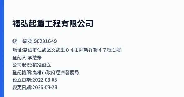 福弘起重工程有限公司的照片-統編 90291649(高雄市) 公司登記資料與營業項目詳細圖表