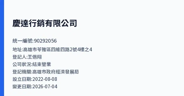 慶達行銷有限公司的照片-統編 90292056(高雄市) 公司登記資料與營業項目詳細圖表