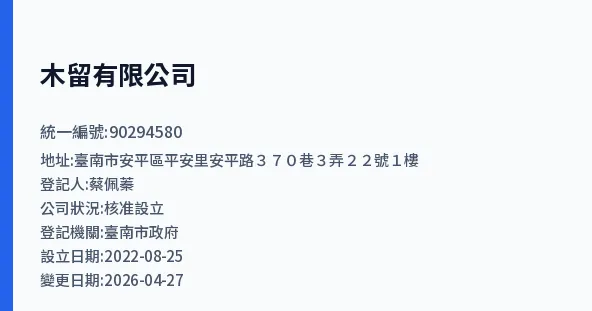 木留有限公司的照片-統編 90294580(臺南市) 公司登記資料與營業項目詳細圖表