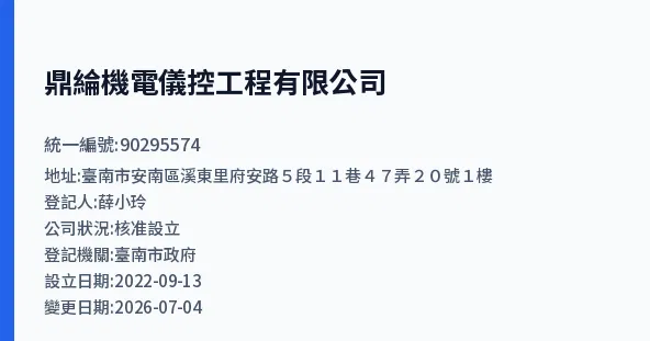 鼎綸機電儀控工程有限公司的照片-統編 90295574(臺南市) 公司登記資料與營業項目詳細圖表