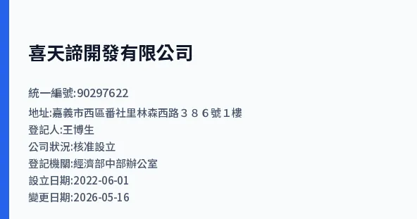 喜天諦開發有限公司的照片-統編 90297622(嘉義市) 公司登記資料與營業項目詳細圖表