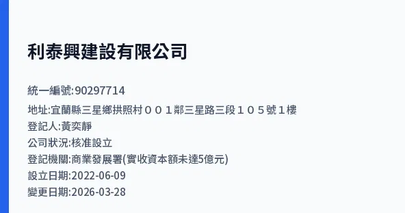 利泰興建設有限公司的照片-統編 90297714(宜蘭縣) 公司登記資料與營業項目詳細圖表