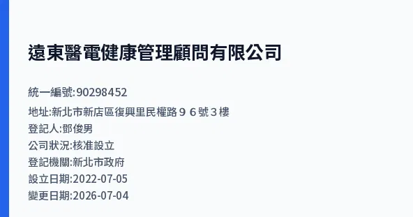 遠東醫電健康管理顧問有限公司的照片-統編 90298452(新北市) 公司登記資料與營業項目詳細圖表