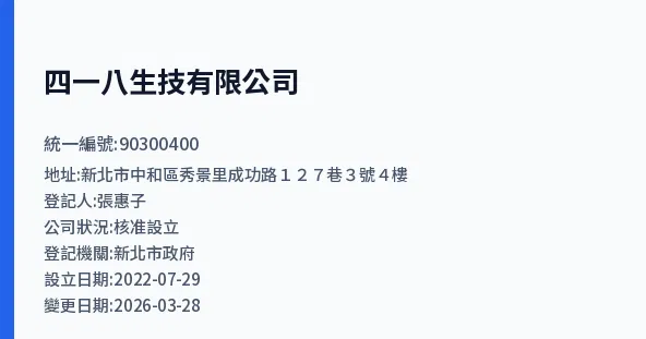 四一八生技有限公司的照片-統編 90300400(新北市) 公司登記資料與營業項目詳細圖表