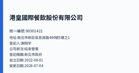 港皇國際餐飲股份有限公司的照片-統編 90301421(新北市) 公司登記資料與營業項目詳細圖表