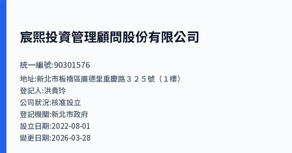 宸熙投資管理顧問股份有限公司的照片-統編 90301576(新北市) 公司登記資料與營業項目詳細圖表