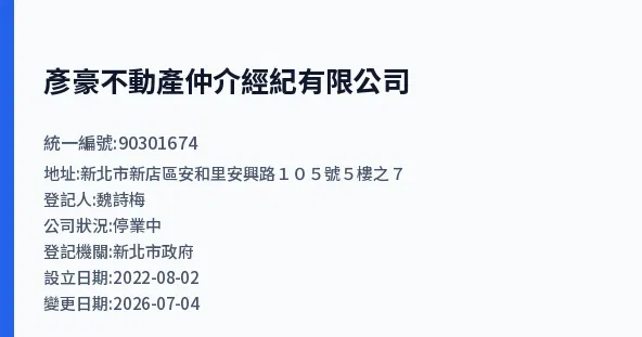 彥豪不動產仲介經紀有限公司的照片-統編 90301674(新北市) 公司登記資料與營業項目詳細圖表