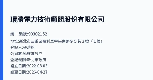 環勝電力技術顧問股份有限公司的照片-統編 90302152(新北市) 公司登記資料與營業項目詳細圖表