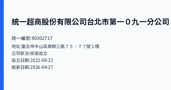 統一超商股份有限公司台北市第一0九一分公司的照片-統編 90302717(臺北市) 公司登記資料與營業項目詳細圖表