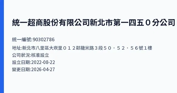 統一超商股份有限公司新北市第一四五0分公司的照片-統編 90302786(新北市) 公司登記資料與營業項目詳細圖表