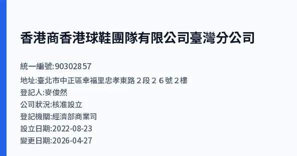 香港商香港球鞋團隊有限公司臺灣分公司的照片-統編 90302857(臺北市) 公司登記資料與營業項目詳細圖表