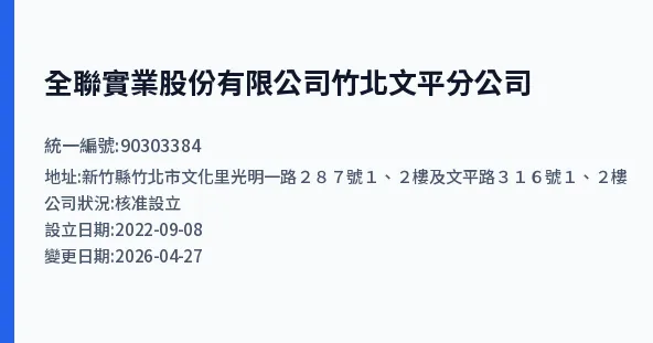 全聯實業股份有限公司竹北文平分公司的照片-統編 90303384(新竹縣) 公司登記資料與營業項目詳細圖表