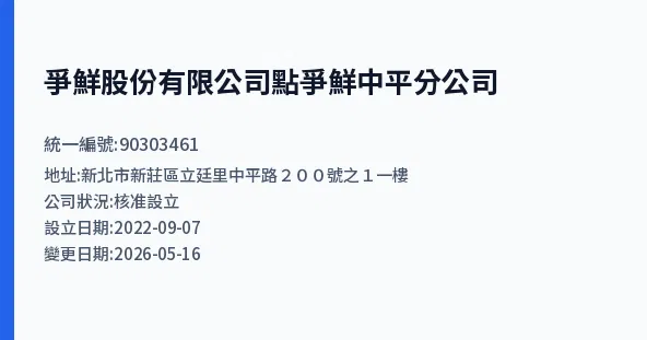 爭鮮股份有限公司點爭鮮中平分公司的照片-統編 90303461(新北市) 公司登記資料與營業項目詳細圖表