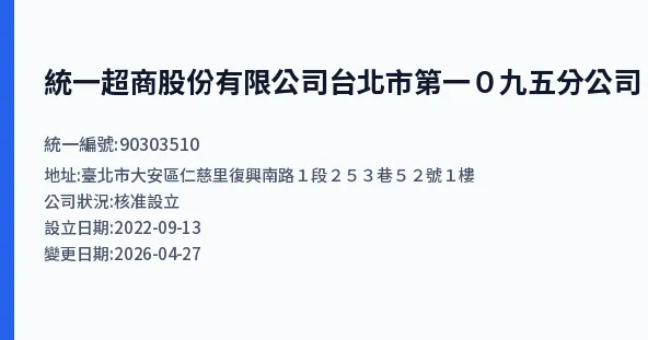 統一超商股份有限公司台北市第一0九五分公司的照片-統編 90303510(臺北市) 公司登記資料與營業項目詳細圖表