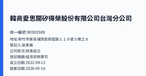 韓商愛思開矽得榮股份有限公司台灣分公司的照片-統編 90303589(新竹市) 公司登記資料與營業項目詳細圖表