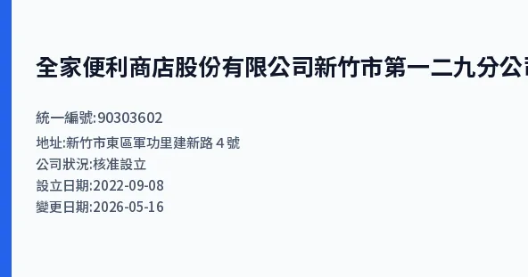 全家便利商店股份有限公司新竹市第一二九分公司的照片-統編 90303602(新竹市) 公司登記資料與營業項目詳細圖表