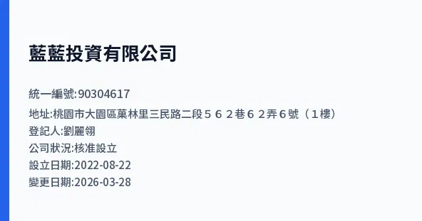 藍藍投資有限公司的照片-統編 90304617(桃園市) 公司登記資料與營業項目詳細圖表