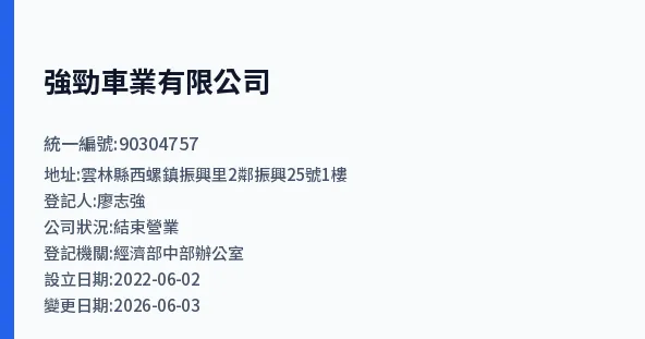 強勁車業有限公司的照片-統編 90304757(雲林縣) 公司登記資料與營業項目詳細圖表