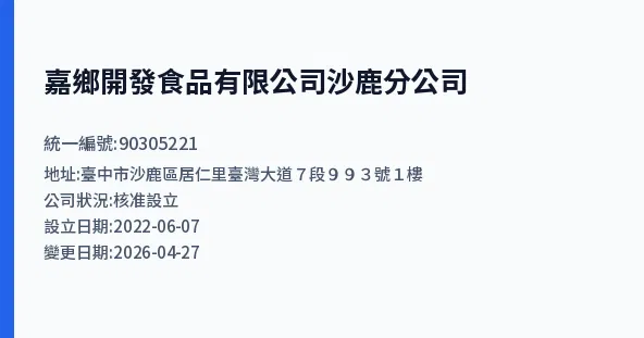 嘉鄉開發食品有限公司沙鹿分公司的照片-統編 90305221(臺中市) 公司登記資料與營業項目詳細圖表