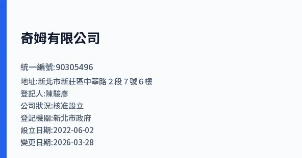 奇姆有限公司的照片-統編 90305496(新北市) 公司登記資料與營業項目詳細圖表
