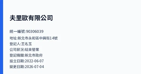 夫里歐有限公司的照片-統編 90306039(新北市) 公司登記資料與營業項目詳細圖表
