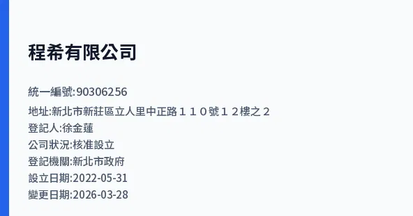 程希有限公司的照片-統編 90306256(新北市) 公司登記資料與營業項目詳細圖表