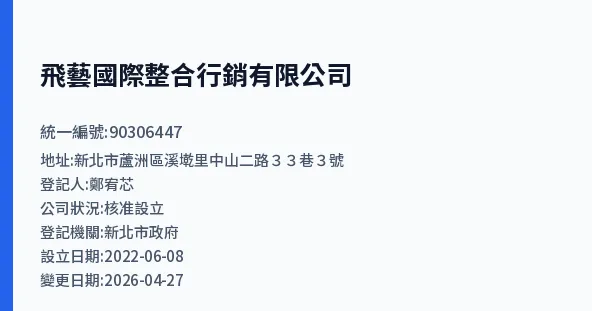 飛藝國際整合行銷有限公司的照片-統編 90306447(新北市) 公司登記資料與營業項目詳細圖表