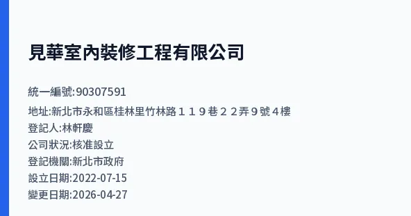 見華室內裝修工程有限公司的照片-統編 90307591(新北市) 公司登記資料與營業項目詳細圖表