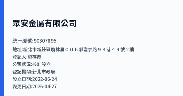 眾安金屬有限公司的照片-統編 90307895(新北市) 公司登記資料與營業項目詳細圖表