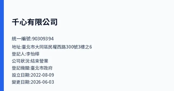 千心有限公司的照片-統編 90309394(臺北市) 公司登記資料與營業項目詳細圖表