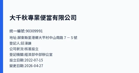 大千秋專業便當有限公司的照片-統編 90309991(屏東縣) 公司登記資料與營業項目詳細圖表