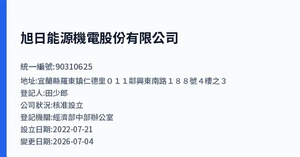 旭日能源機電股份有限公司的照片-統編 90310625(宜蘭縣) 公司登記資料與營業項目詳細圖表