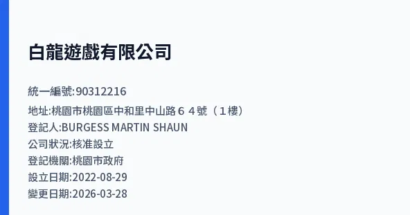 白龍遊戲有限公司的照片-統編 90312216(桃園市) 公司登記資料與營業項目詳細圖表