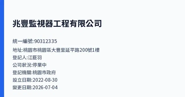 兆豐監視器工程有限公司的照片-統編 90312335(桃園市) 公司登記資料與營業項目詳細圖表