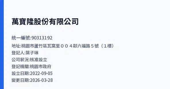 萬寶隆股份有限公司的照片-統編 90313192(桃園市) 公司登記資料與營業項目詳細圖表