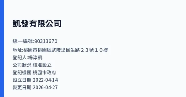 凱發有限公司的照片-統編 90313670(桃園市) 公司登記資料與營業項目詳細圖表