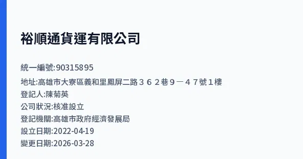 裕順通貨運有限公司的照片-統編 90315895(高雄市) 公司登記資料與營業項目詳細圖表