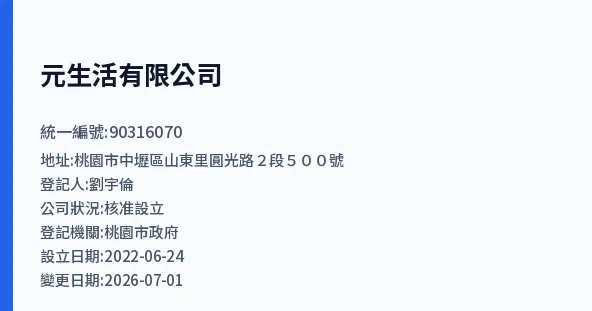 元生活有限公司的照片-統編 90316070(桃園市) 公司登記資料與營業項目詳細圖表