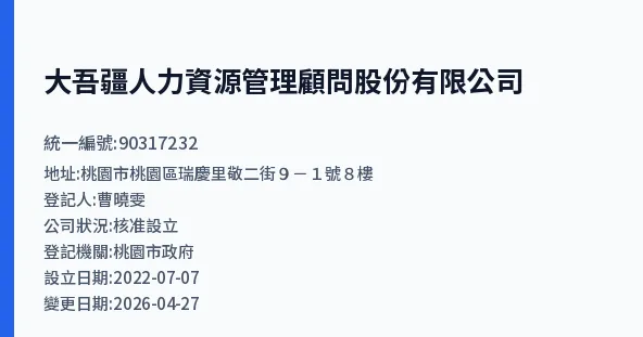 大吾疆人力資源管理顧問股份有限公司的照片-統編 90317232(桃園市) 公司登記資料與營業項目詳細圖表