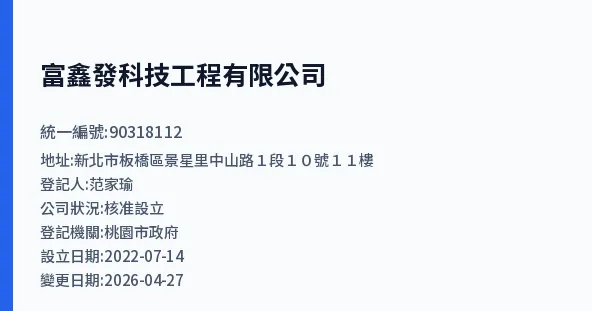 富鑫發科技工程有限公司的照片-統編 90318112(新北市) 公司登記資料與營業項目詳細圖表