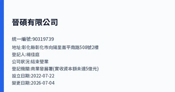 晉碩有限公司的照片-統編 90319739(彰化縣) 公司登記資料與營業項目詳細圖表