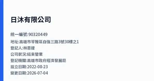 日沐有限公司的照片-統編 90320449(高雄市) 公司登記資料與營業項目詳細圖表