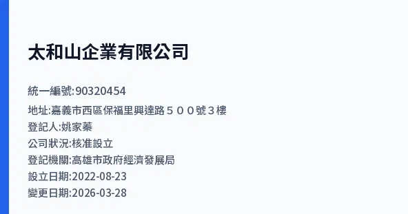 太和山企業有限公司的照片-統編 90320454(嘉義市) 公司登記資料與營業項目詳細圖表