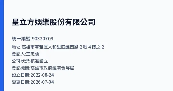 星立方娛樂股份有限公司的照片-統編 90320709(高雄市) 公司登記資料與營業項目詳細圖表