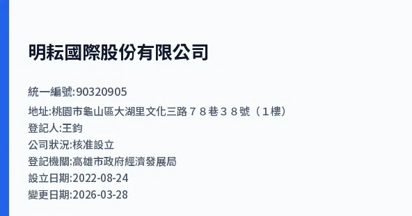 明耘國際股份有限公司的照片-統編 90320905(桃園市) 公司登記資料與營業項目詳細圖表