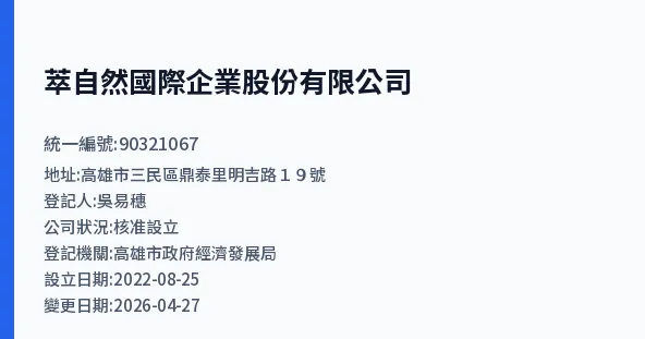 萃自然國際企業股份有限公司的照片-統編 90321067(高雄市) 公司登記資料與營業項目詳細圖表
