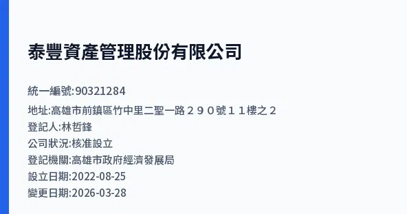 泰豐資產管理股份有限公司的照片-統編 90321284(高雄市) 公司登記資料與營業項目詳細圖表