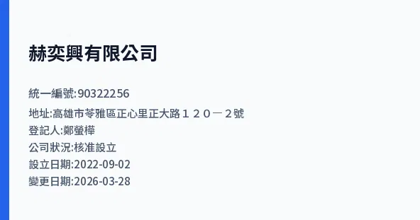 赫奕興有限公司的照片-統編 90322256(高雄市) 公司登記資料與營業項目詳細圖表
